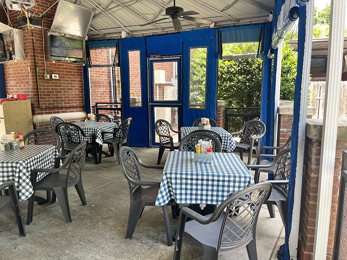The outdoor seating area offers a blue-checkered oasis where you can enjoy your sandwich while pretending you're at a New York sidewalk caf&eacute;. 