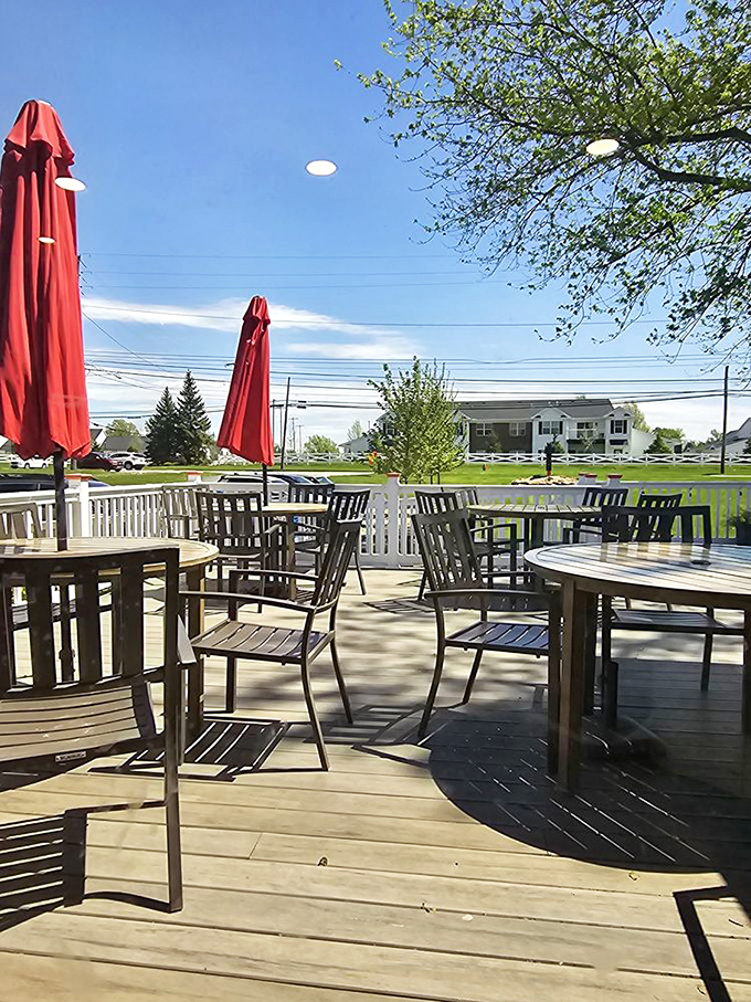 The outdoor seating area offers a perfect spot for enjoying your dog with a side of fresh air and people-watching.