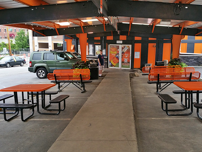 The outdoor seating area carries the Halloween theme right down to the orange benches&mdash;perfect for people-watching between bites.