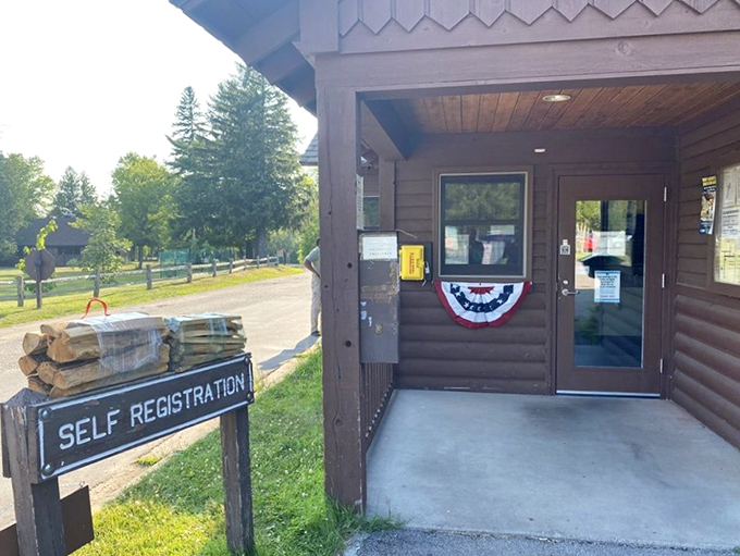 The rustic park office welcomes visitors with classic northwoods charm. Self-registration means more time for adventures and less time for paperwork.