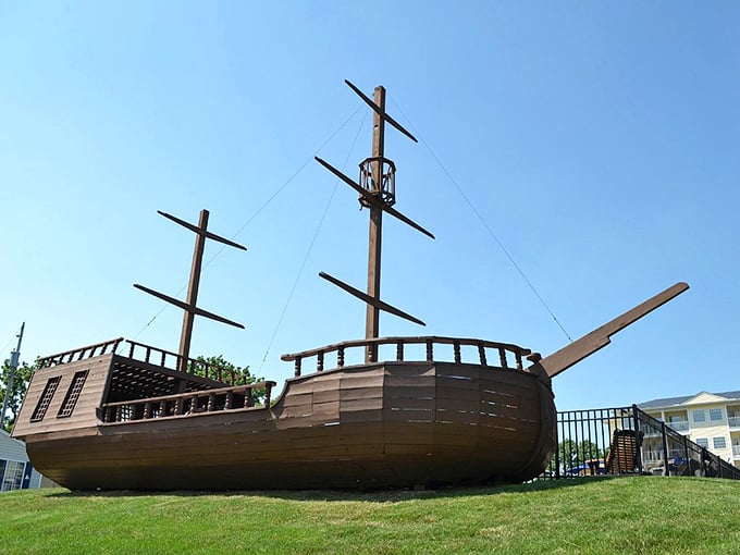 This landlocked pirate ship playground proves you're never too old to appreciate a good maritime-themed photo opportunity.