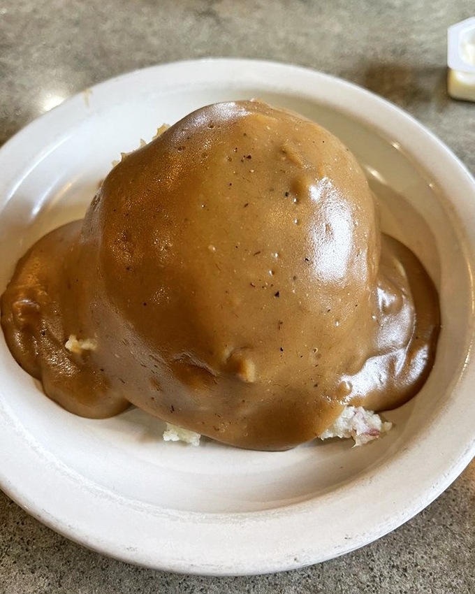 A mountain of mashed potatoes capped with gravy lava. Geology has never been this delicious or comforting.