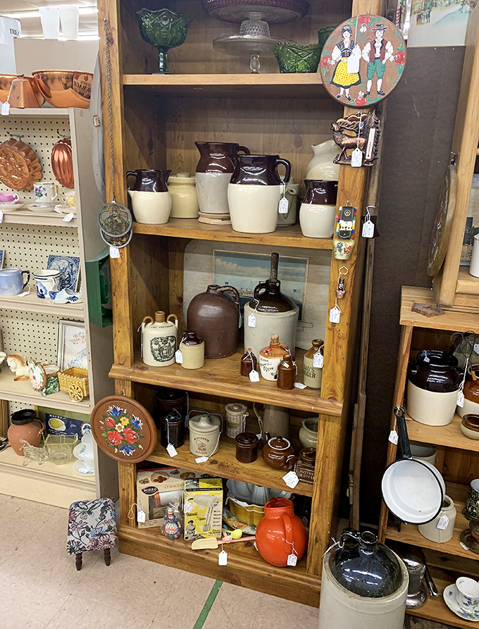 Stoneware crocks and jugs that once stored everything from moonshine to maple syrup&mdash;functional history with farmhouse charm.