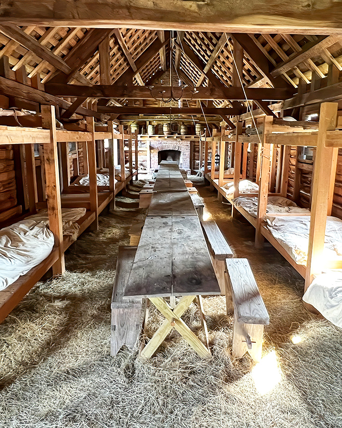Soldiers' quarters that make modern studio apartments look spacious. The straw-filled mattresses were the 18th-century version of memory foam.