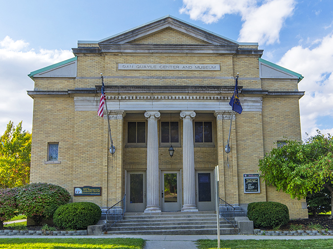The Dan Quayle Center stands regally with its classical columns, housing political history with more substance than most campaign promises.