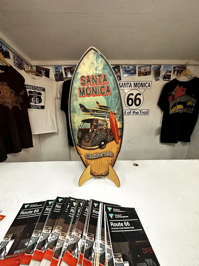 The Santa Monica surfboard display marks the highway's end&mdash;where weary travelers finally reached the Pacific and could surf away their road fatigue.