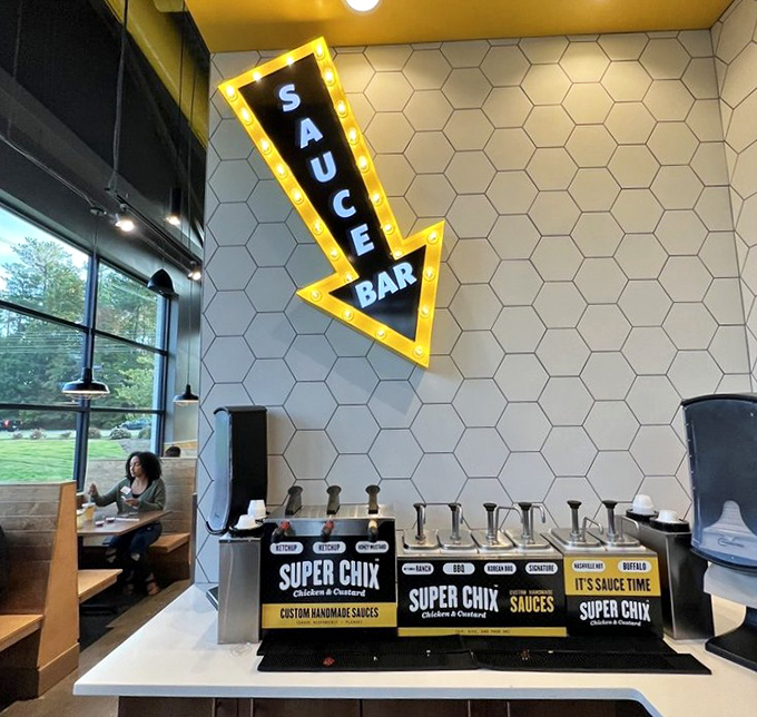 The sauce bar&mdash;where decisions become impossible and "I'll try them all" becomes the only reasonable solution to your condiment conundrum.