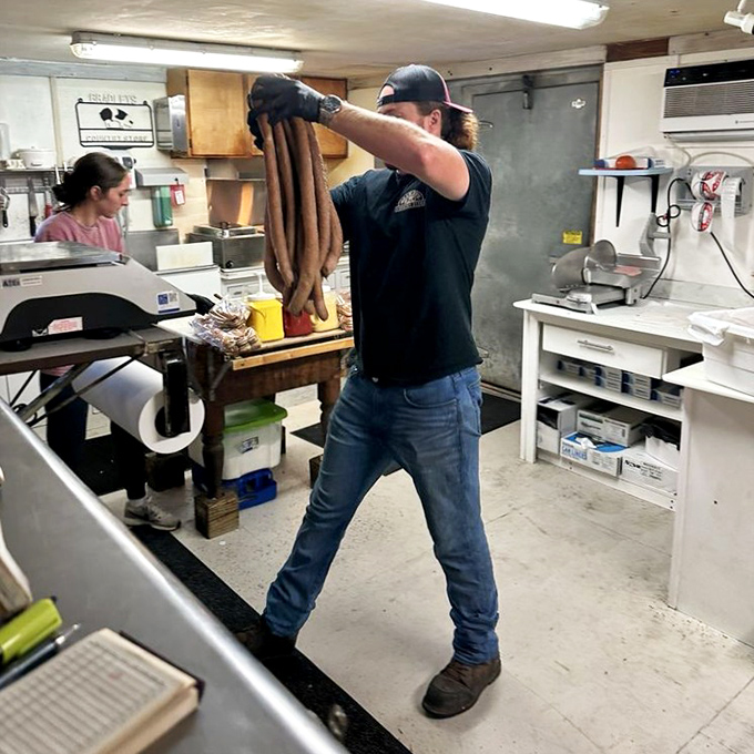Behind the scenes, skilled hands craft sausages using time-honored methods and family recipes.
