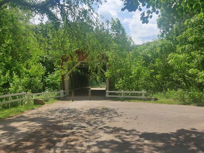 Surrounded by summer foliage, the bridge nearly disappears into the landscape, playing an elaborate game of hide-and-seek with visitors.
