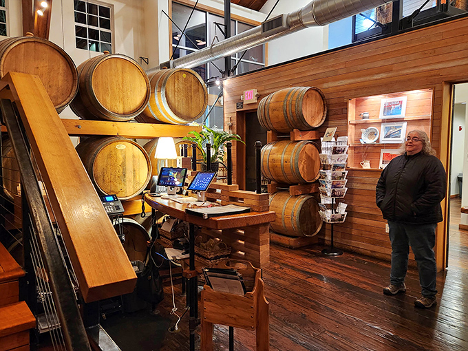 Wine barrels stacked like a wooden Jenga tower create the perfect rustic-chic welcome station for hungry visitors.