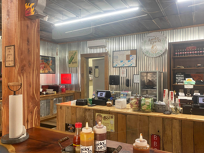 Where barbecue dreams come true. The wooden counter and metal accents create that perfect balance of rustic charm and functional service.