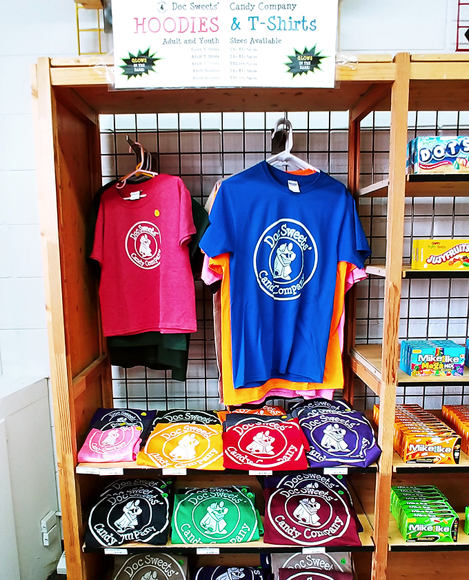 Doc Sweets' merchandise: because nothing says "I have sophisticated taste" like wearing candy-themed apparel in public.