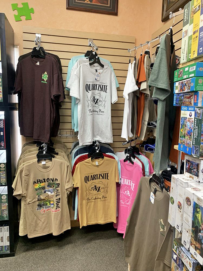 The official uniform of Quartzsite enthusiasts&mdash;t-shirts proclaiming you've discovered "The Gathering Place" where snowbirds flock.