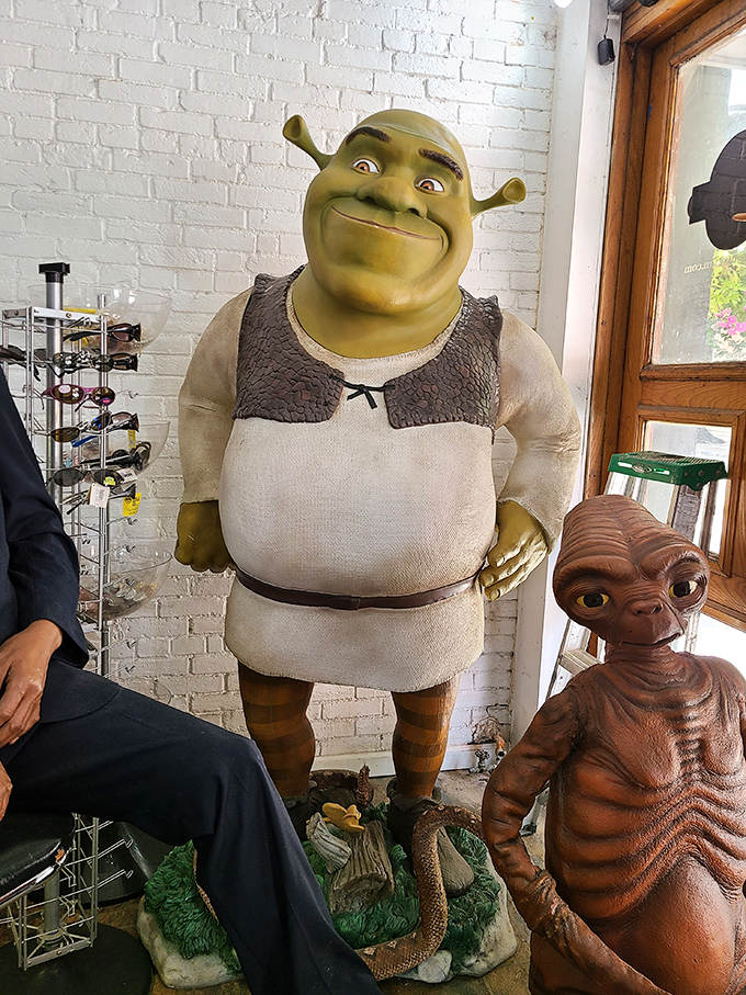 Shrek and E.T. form an unlikely friendship in this corner display. Two beloved aliens finding common ground in their mutual bewilderment of humanity.