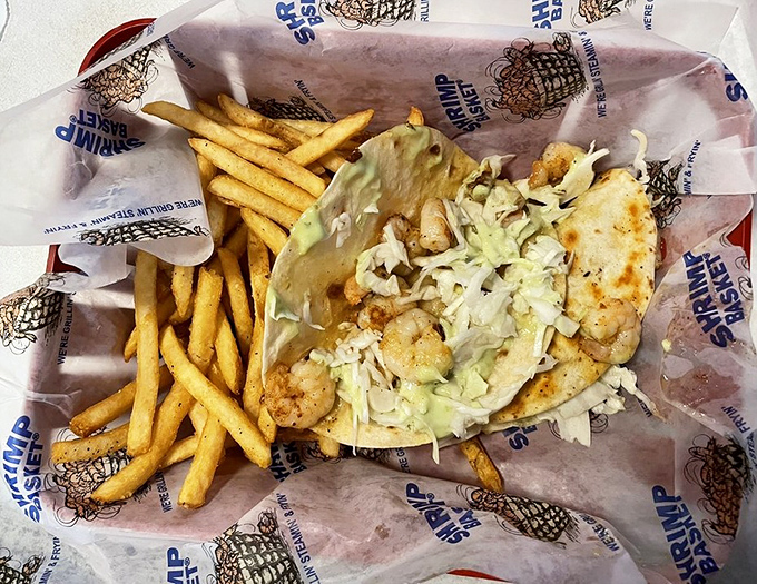 Not all heroes wear capes&mdash;some come wrapped in soft tortillas with crisp lettuce and perfectly seasoned shrimp. French fries standing guard.