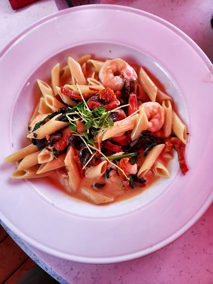 Pasta perfection with plump shrimp and vibrant vegetables. A dish that proves Claws isn't just about cracking shells&mdash;they know their way around Italian too.