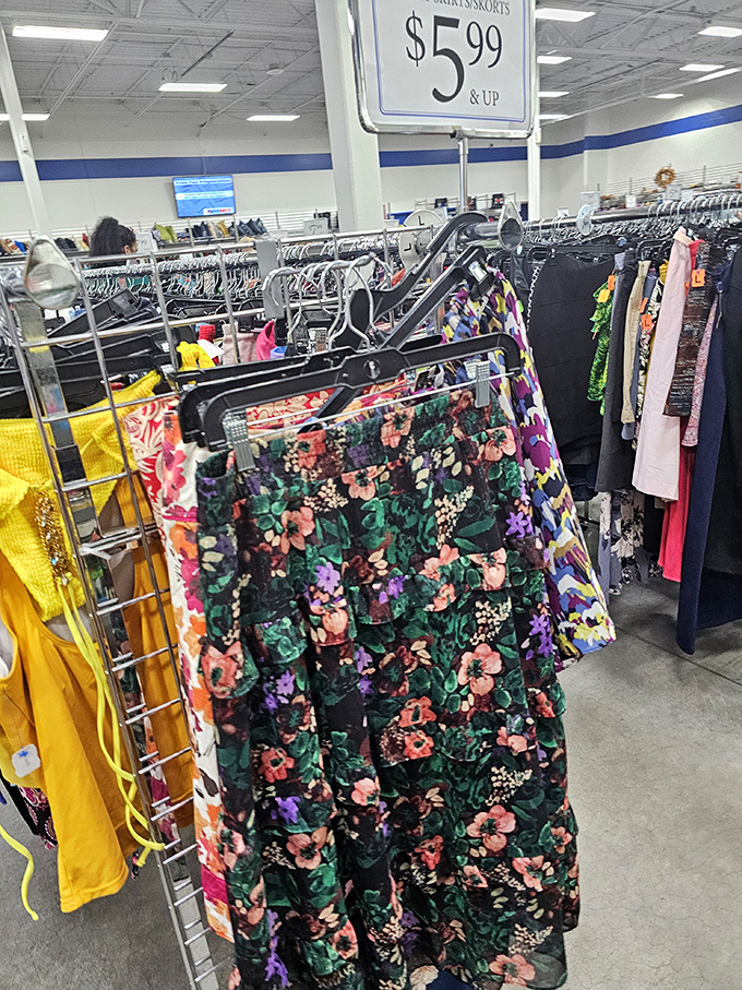 Floral patterns and bright colors dance on racks of skirts, each one a potential first-date outfit or garden party showstopper.