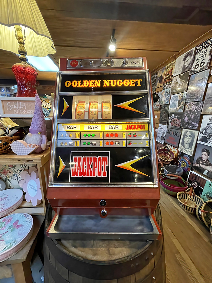 A vintage slot machine that's purely decorative but adds authentic charm to this delightful time capsule.