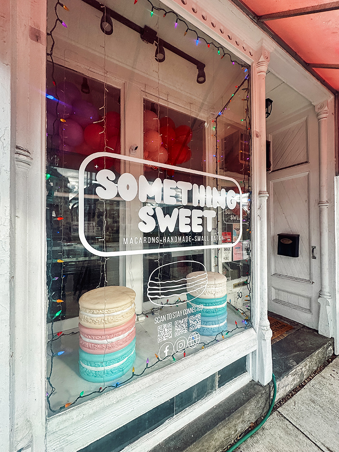 Something Sweet's window display of giant macarons is the kind of visual dessert that makes diets crumble faster than cookies.