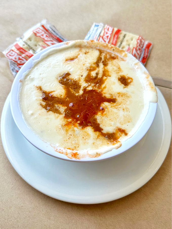 Cream of crab soup with that telltale Old Bay swirl&mdash;liquid gold that warms the soul and prepares the palate.