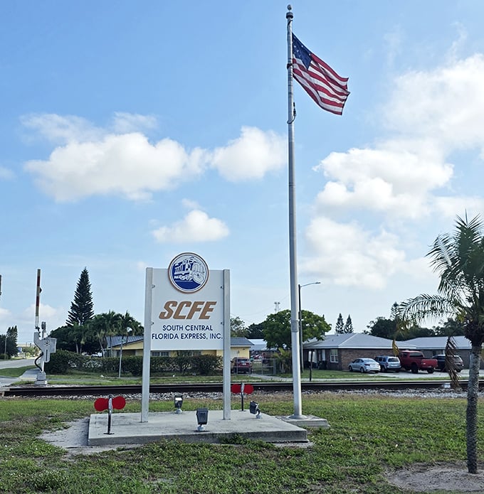 The South Central Florida Express sign stands as a proud sentinel, welcoming rail enthusiasts to America's sweetest train experience.