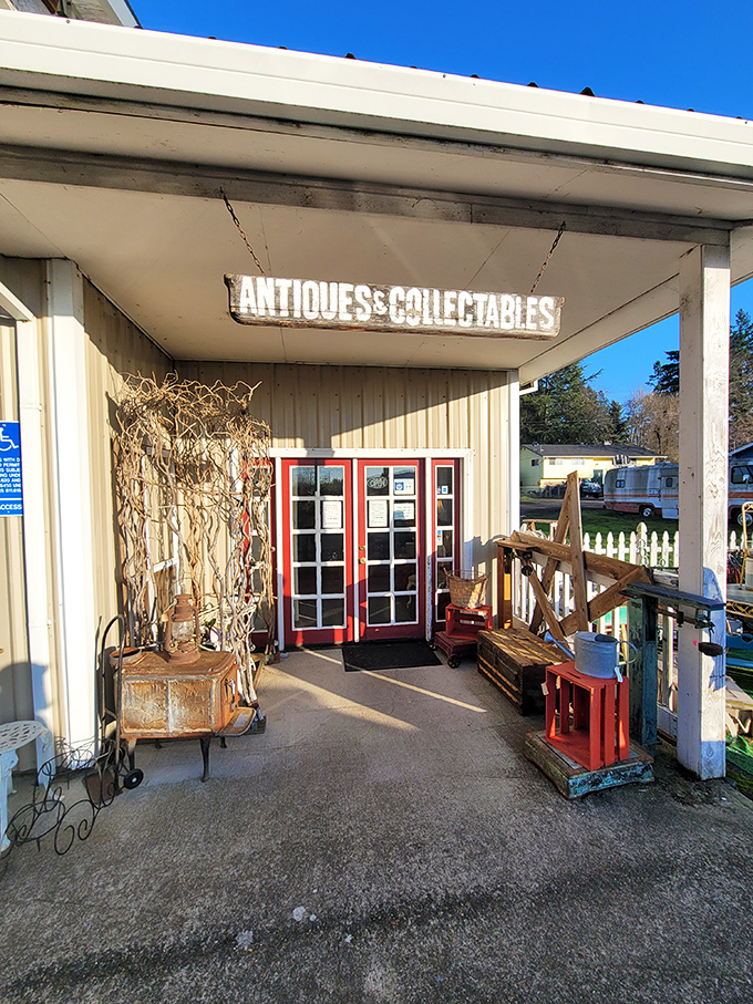 The entrance to South End Antique Mall promises adventures in time travel, with weathered treasures thoughtfully arranged to tempt passing antiquarians.