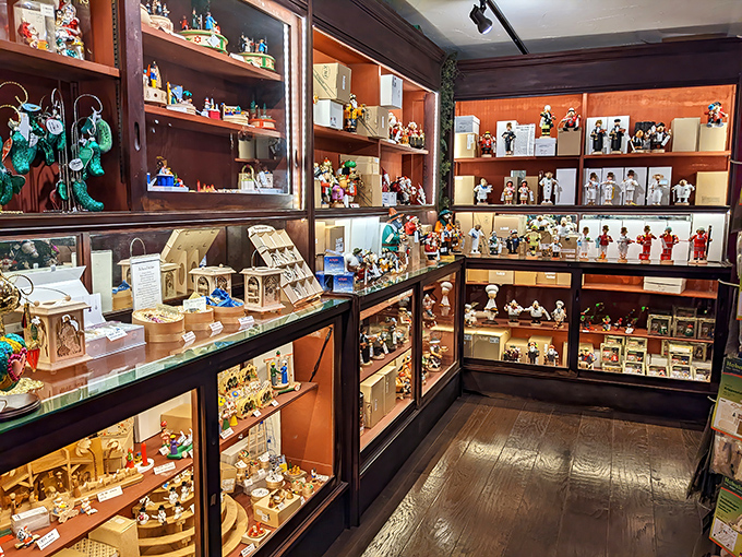 Glass cabinets house treasures that would make Willy Wonka trade chocolate for Christmas collectibles&mdash;each shelf a new discovery.