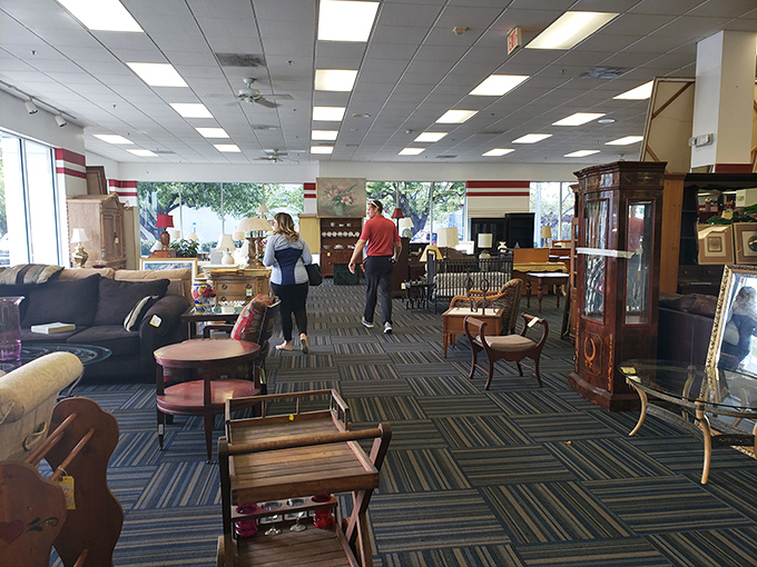 The spacious layout makes treasure hunting civilized rather than chaotic. No elbow-throwing required to score that perfect side table.