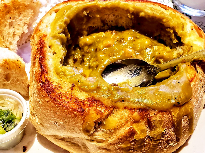 Soup and bread achieve their highest purpose when the bread becomes the bowl. Split pea perfection in edible dishware.