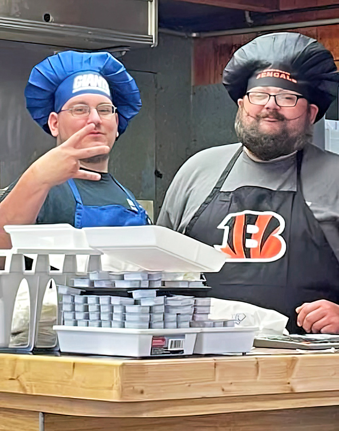 The kitchen maestros at Midway wear their team loyalties on their chef hats, proving that in Ohio, even breakfast preparation comes with a side of sports rivalry.