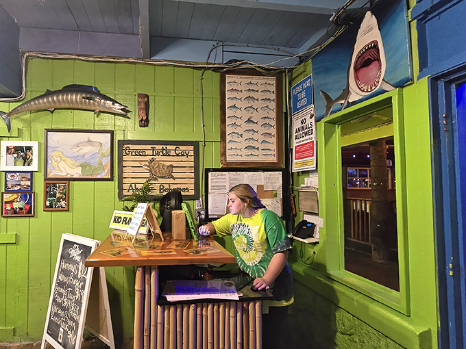 The staff area is as colorful as the food. Green walls that would make Kermit the Frog feel right at home.