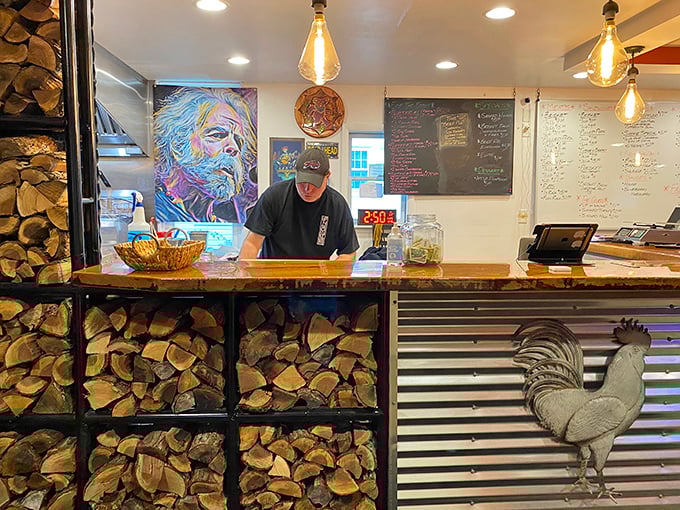 Where the magic happens &ndash; stacks of firewood frame the counter where barbecue dreams come true. 