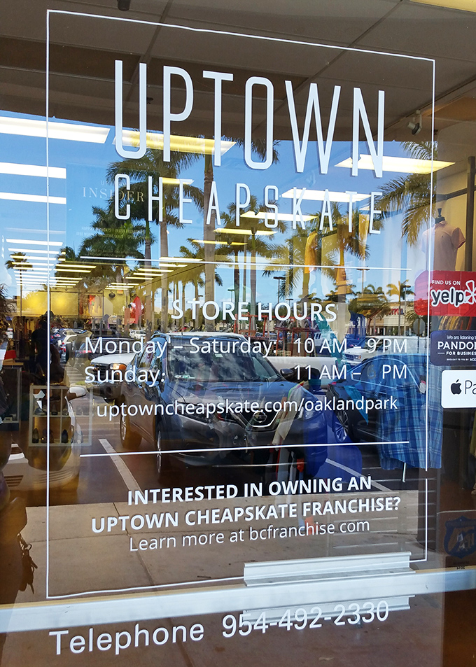 The storefront reveals generous hours for both early birds and night owls. Even Sunday shoppers get their chance at fashion redemption.