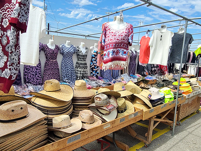 Cowboy hats and sundresses create the perfect Texas fashion fusion under these sunny outdoor stalls.