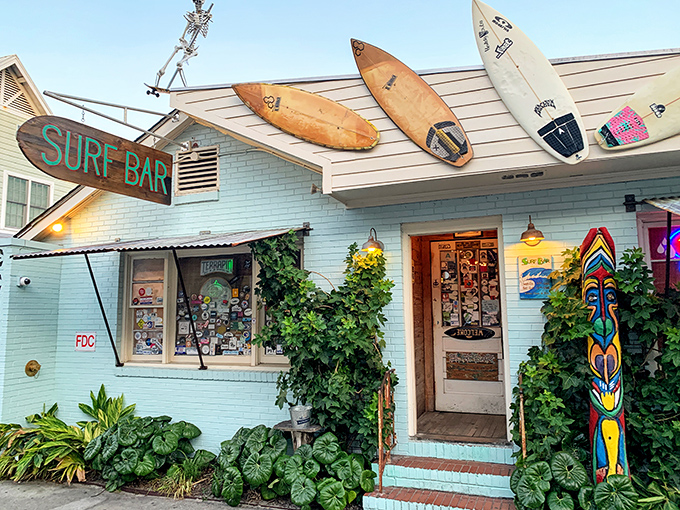 Surf Bar's weathered boards and mounted surfboards tell stories of epic waves and wipeouts. Inside, salty tales grow taller with each round of drinks.