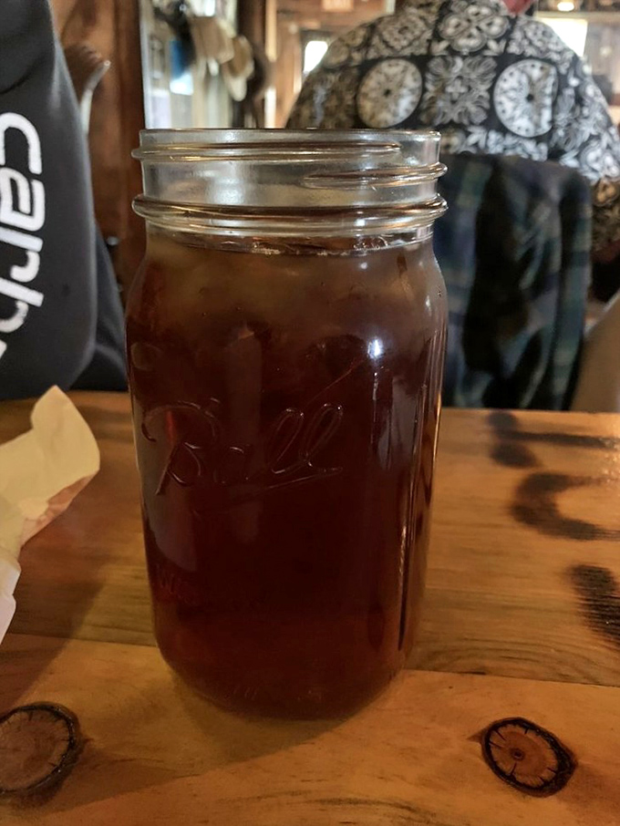Sweet tea served in a proper Mason jar&mdash;because when you're this far from civilization, hydration comes with a side of nostalgia.