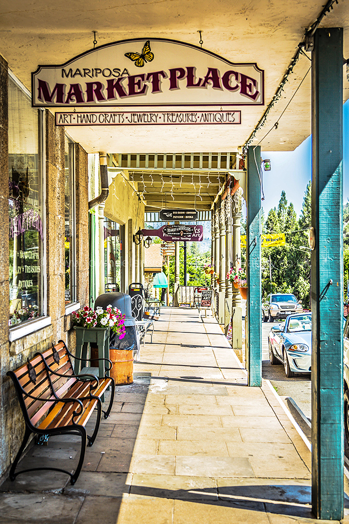 The Mariposa Marketplace welcomes browsers with small-town hospitality. This covered walkway promises treasures that big box stores can't stock and Amazon can't deliver.