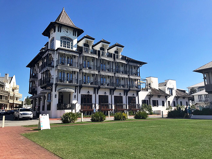 The Pearl Hotel stands as Rosemary Beach's crown jewel, its distinctive architecture making it look like it was plucked from a Wes Anderson film.