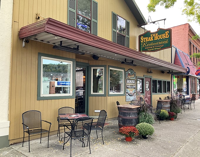 The Steak House Restaurant's charming exterior hints at hearty meals within, where comfort food and conversation have been on the menu for decades.