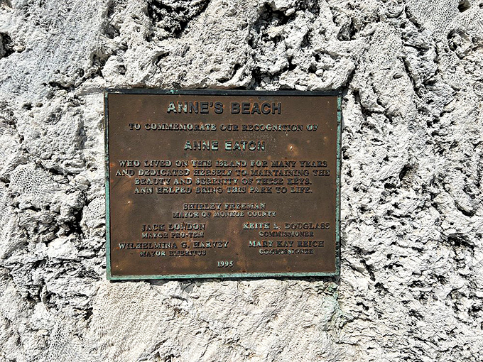 A plaque honoring Anne Eaton, proving that having a beach named after you beats a star on Hollywood Boulevard any day.