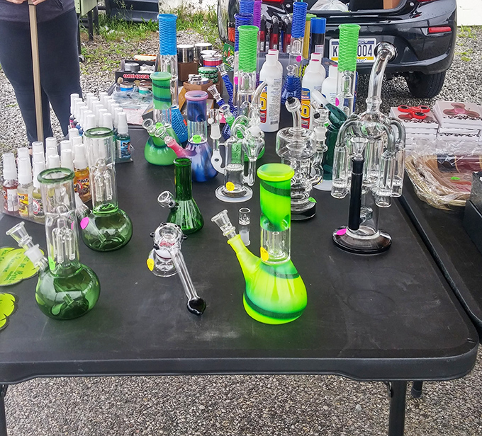 Not your grandmother's glassware collection. These colorful water pipes represent the evolving marketplace where traditional vendors meet modern demands.