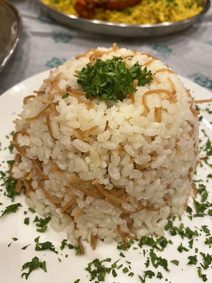 Rice that refuses to be a mere side dish. Each grain is perfectly cooked, lightly seasoned, and adorned with vermicelli and fresh herbs.