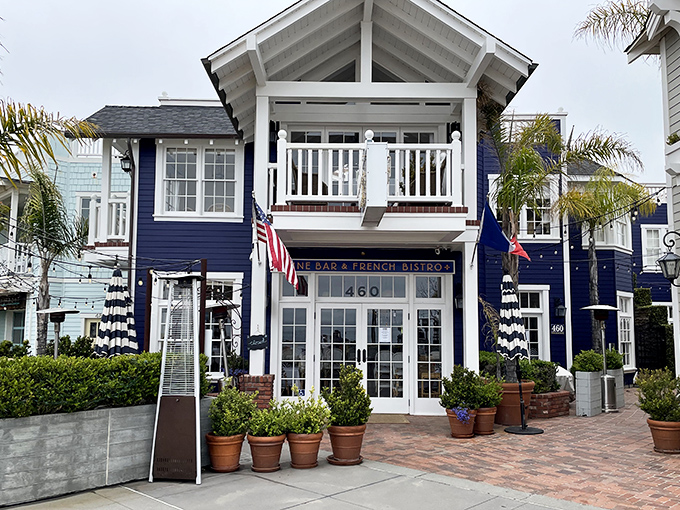 This blue bistro brings a touch of French coastal charm to California, proving that stripes and flags make everything look more deliciously nautical.