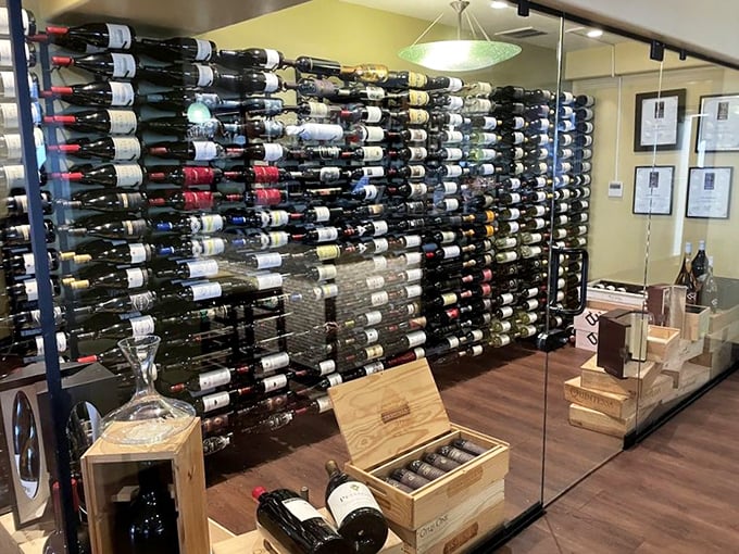 The wine wall that answers the eternal question: "What pairs with paradise?" Turns out, quite a lot of California's finest vintages.