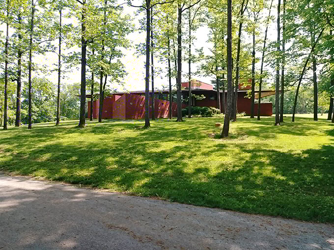 The Wright House sits like a secret in plain sight, its modernist lines creating surprising harmony with the surrounding Missouri landscape.