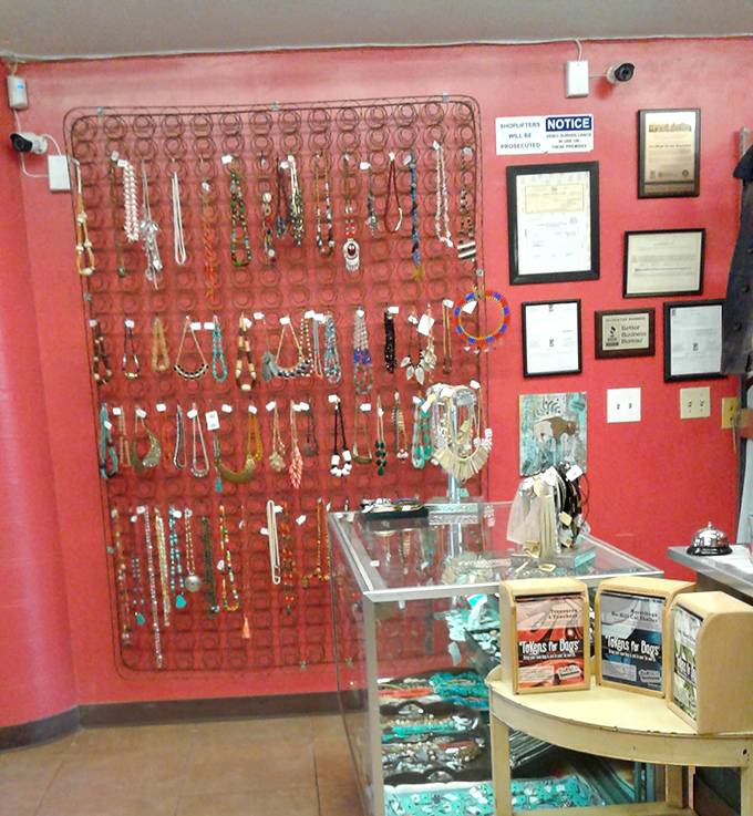 The jewelry wall showcases decades of changing tastes &ndash; from statement pieces that scream 1980s power lunch to delicate handcrafted southwestern designs.