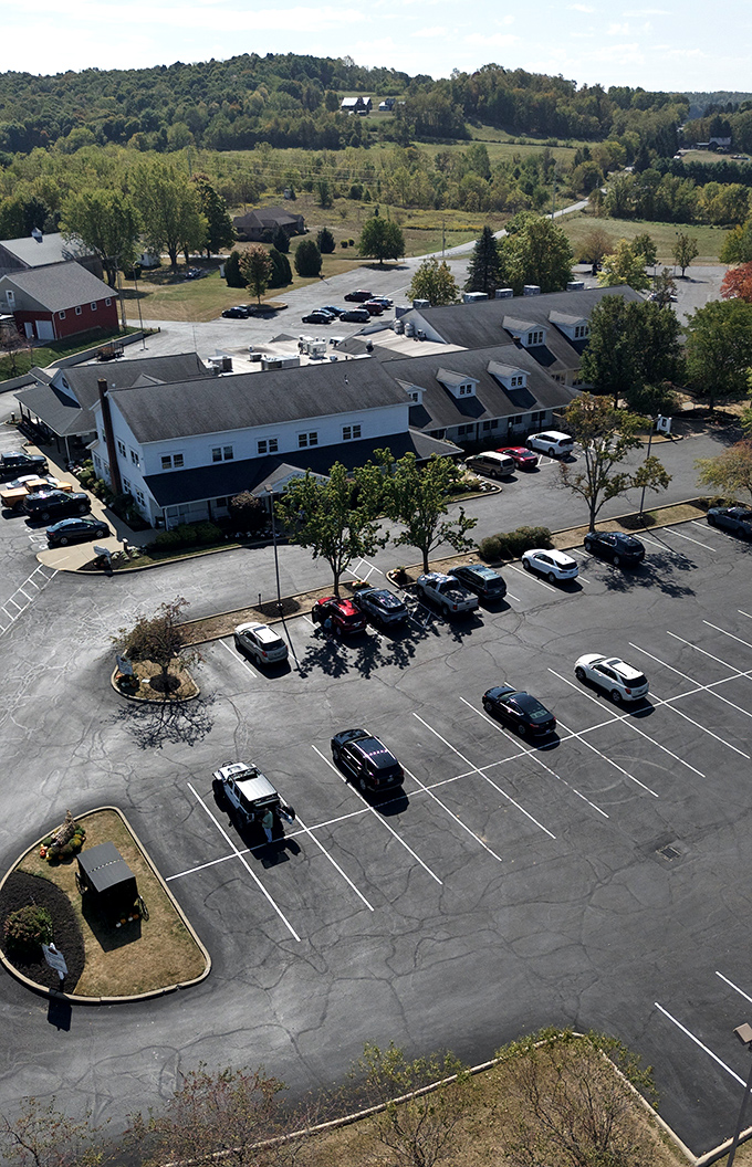 An aerial view revealing the impressive scale of Amish Door Village. From up here, you can almost map your strategy for tackling the buffet.