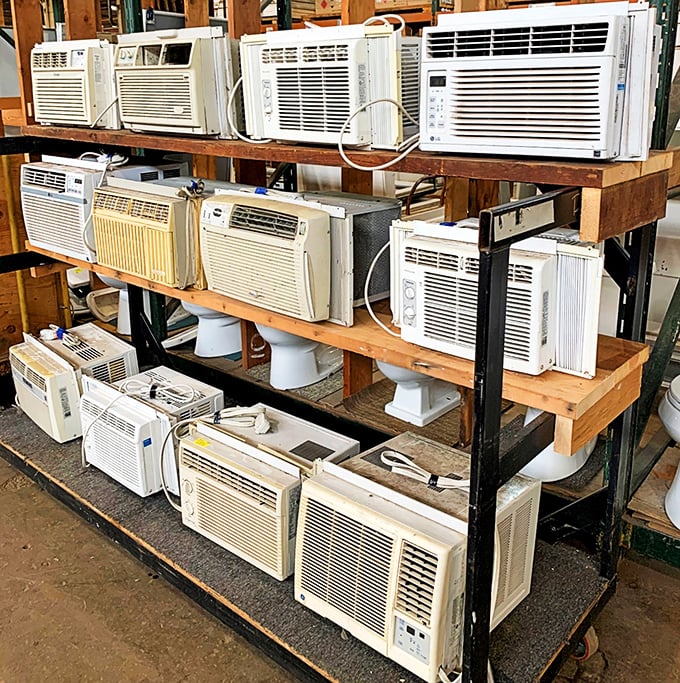 Window AC units stacked like technological time capsules. Each one represents a summer saved from Baltimore's infamous humidity in decades past.