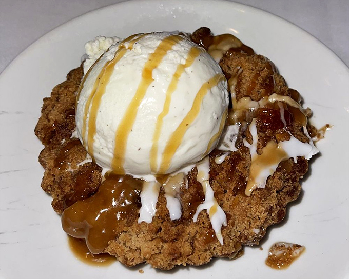 A warm apple dessert that makes you question why anyone ever bothered with other fruits. The ice cream melts with perfect timing.