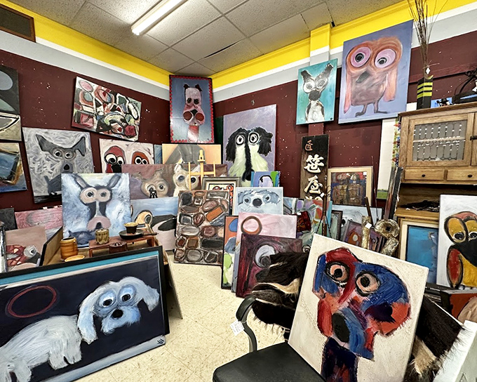 The owl art corner: where big-eyed paintings stare into your soul and somehow convince you that you need them in your life.